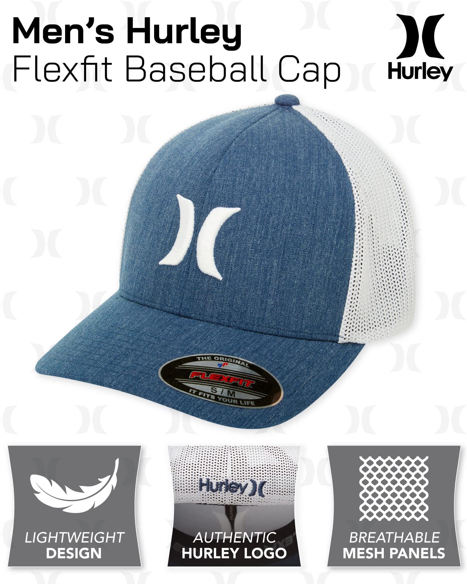Hurley Men's Icon Textures Flexfit Baseball Cap, Obsidian, L-XL