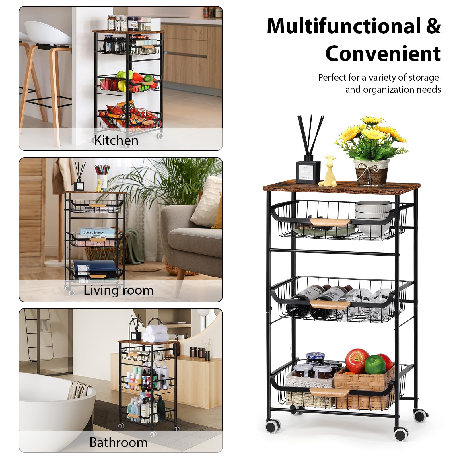 HEOMU 5 Tier Rolling Kitchen Storage Cart, Metal Microwave Stand Kitchen Island Cart on Wheels with Storage for Kitchen, Bathroom, Living Room, Bar, Office, Rustic Brown