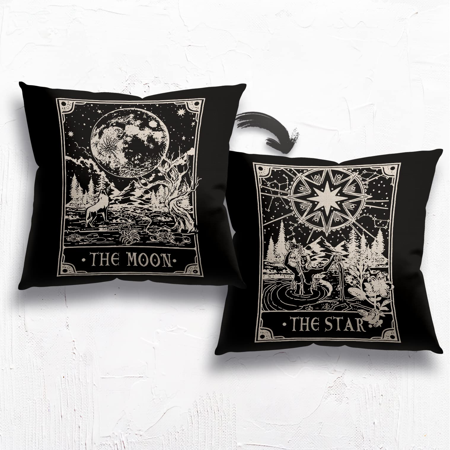 Knibeo Tarot Card Pillow Covers - Reversible Moon Pillow Covers Pillow Covers 18x18 Set of 4, Gothic Pillow Covers, Tarot Throw Pillow, Tarot Gifts, Decorative Pillows Astrology, Gothic Decor