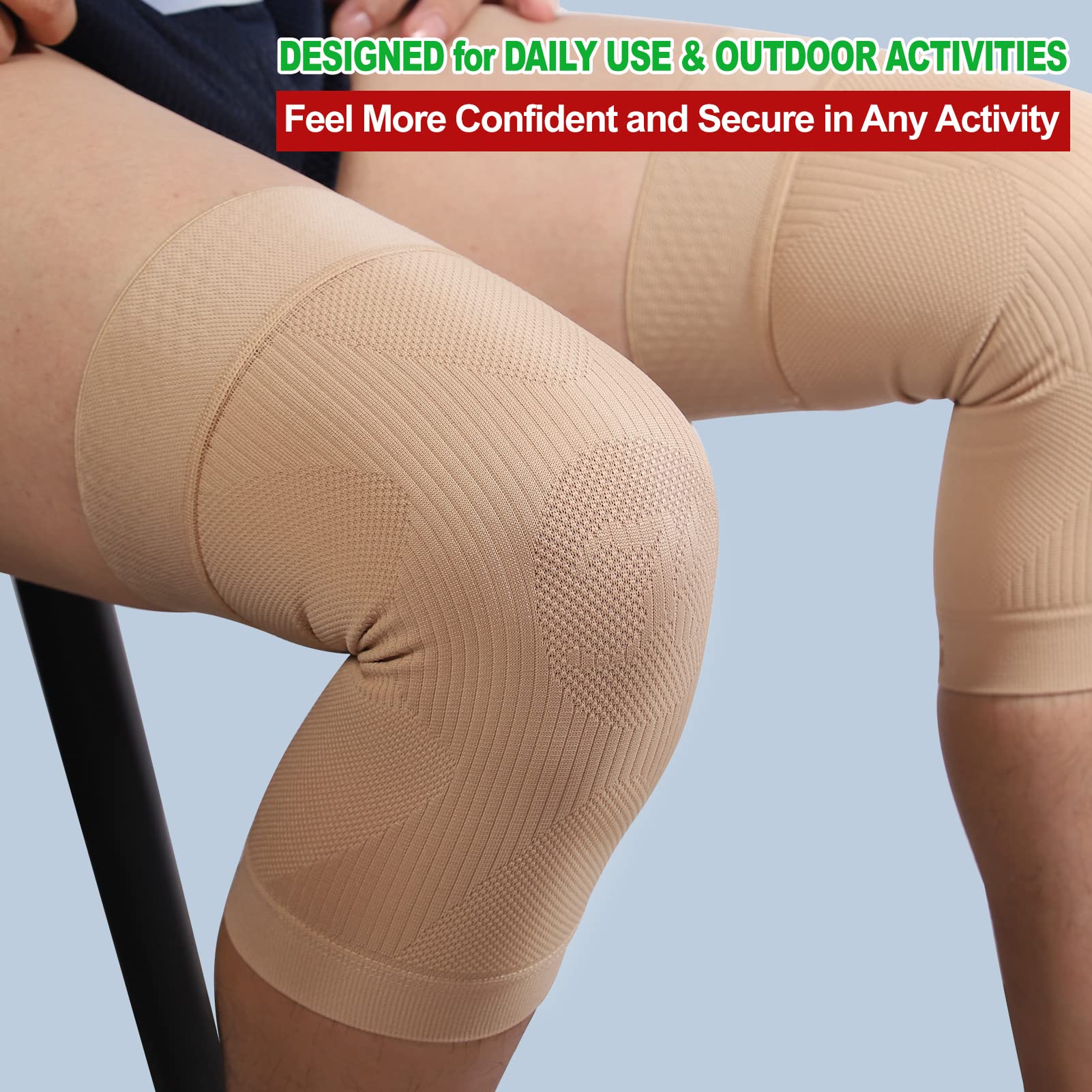 KEKING Orthopedic Brace for Tendinitis, Arthritis, ACL, MCL, Injury Recovery, Meniscus Tear, Knee Pain, Aching Knees, Patellar Tendonitis and Arthritis, Knee Compression Sleeves 2 Pack, Beige L