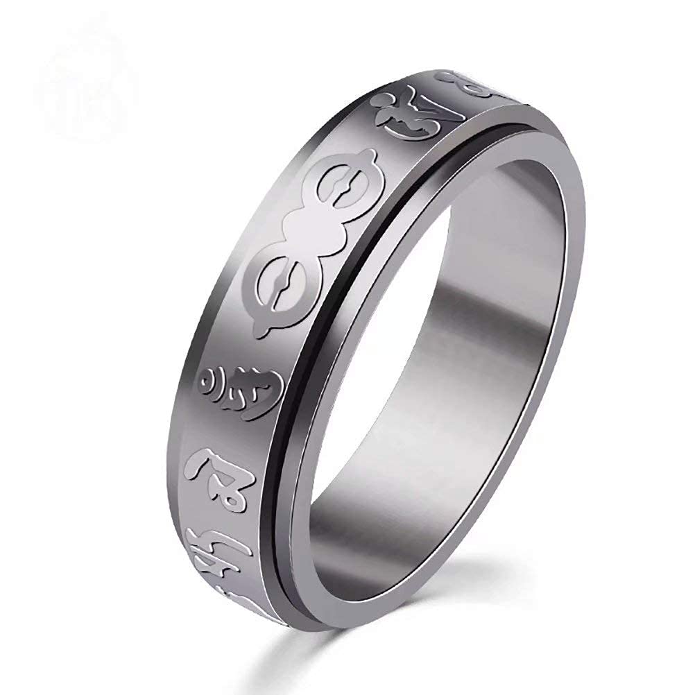 JAJAFOOK 316L Stainless Steel Tibetan Buddhist Mantra Scriptures Om Mani Padme Hum Lucky Spinner Ring,Silver 7