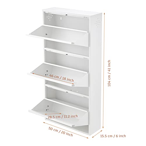 SPACEROCK 3 Drawer Shoe Storage Cabinet Wall Mounted & No-Assembly 20β Metal Shoe Cabinet for Entryway, Hallway, and Corridor, Holds 9 Pair Shoes (White, 20 Inches)