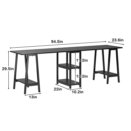 SogesHome 94.5’’ Two Person Desk, Double Computer Desk with Storage 2-Tier Shelf, Extra Long Large Gaming Desk, Office Study Writing Desk Workstation-94.5L’’x23.6W’’x29.5H’’(Black)