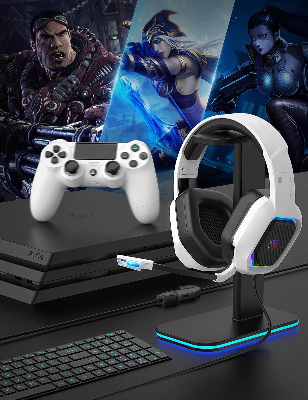 ZIUMIER Z30 White Gaming Headset for PS4, PS5, Xbox One, PC, Wired Over-Ear Headphone with Noise Isolation Microphone, RGB Flowing LED Light, Bass Surround Sound