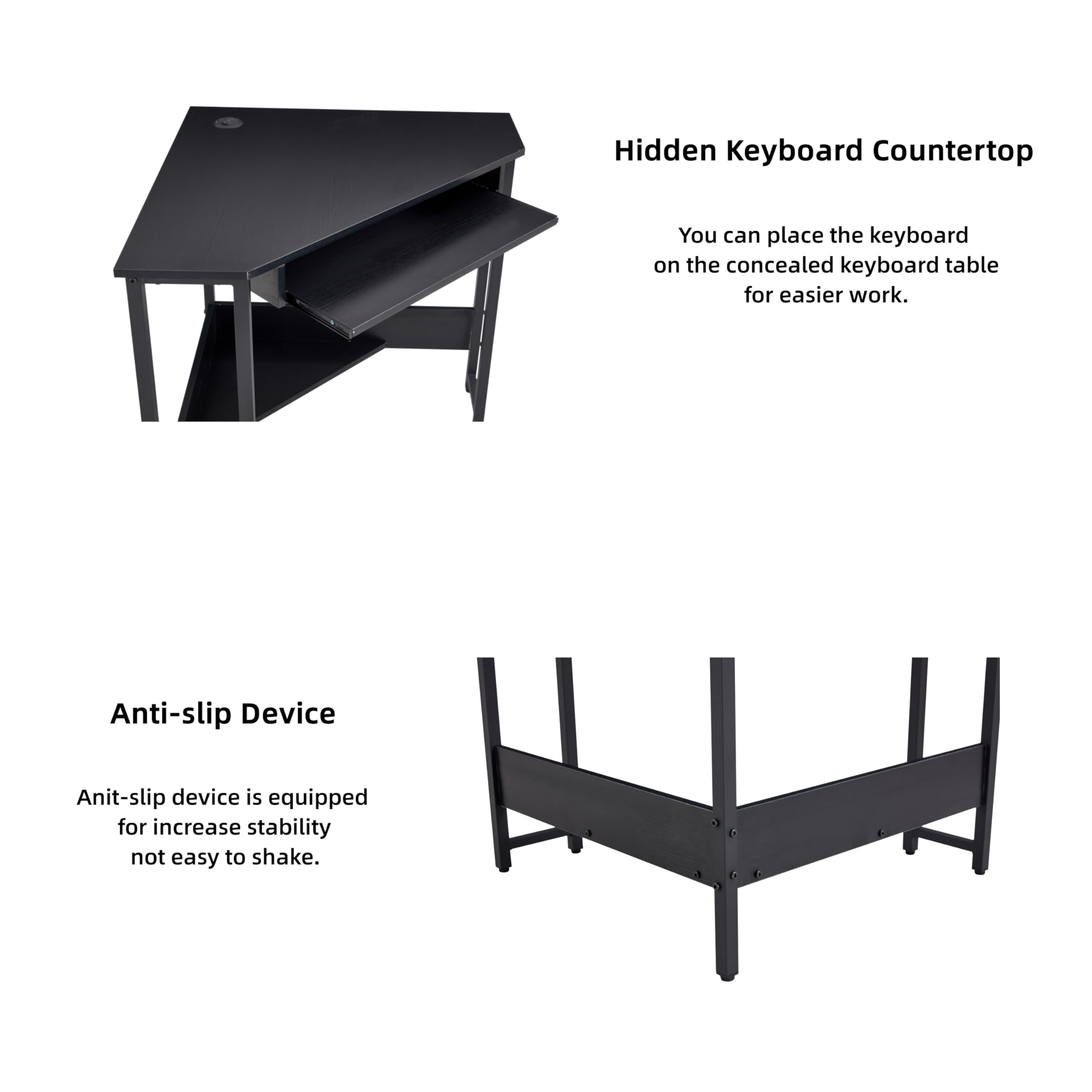 HUSIC Triangle Computer Desk, Corner Desk with Keyboard Tray& Storage Shelves, Compact Home Office Laptop PC Writing Study Tables for Small Workstation, Black