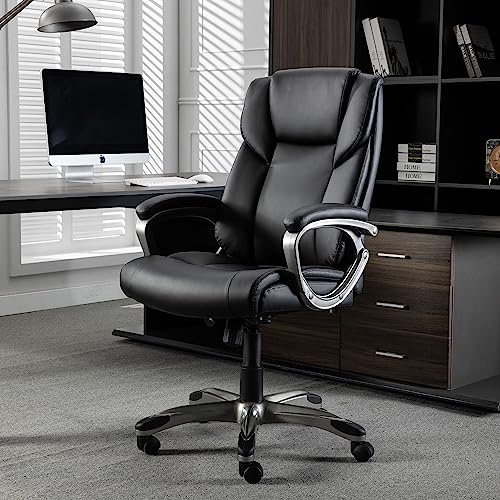 JC Home Executive Swivel Desk Silver Finished Padded Armrest and Chrome Frame Office Chair, large, Black Vinyl