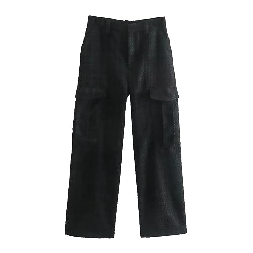 Women Side Patch Pockets Tweed Cargo Pants Vintage High Waist Zipper Fly Female Trousers S