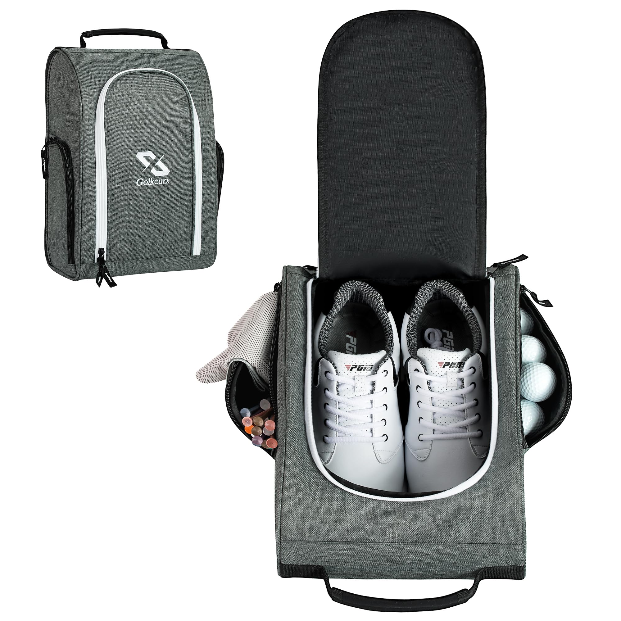Golkcurx Golf Shoe Bag for Travel Zippered Sport Shoe Carrier Bags with Side Accessory Pockets for Socks, Tees, Golf Balls(Grey)