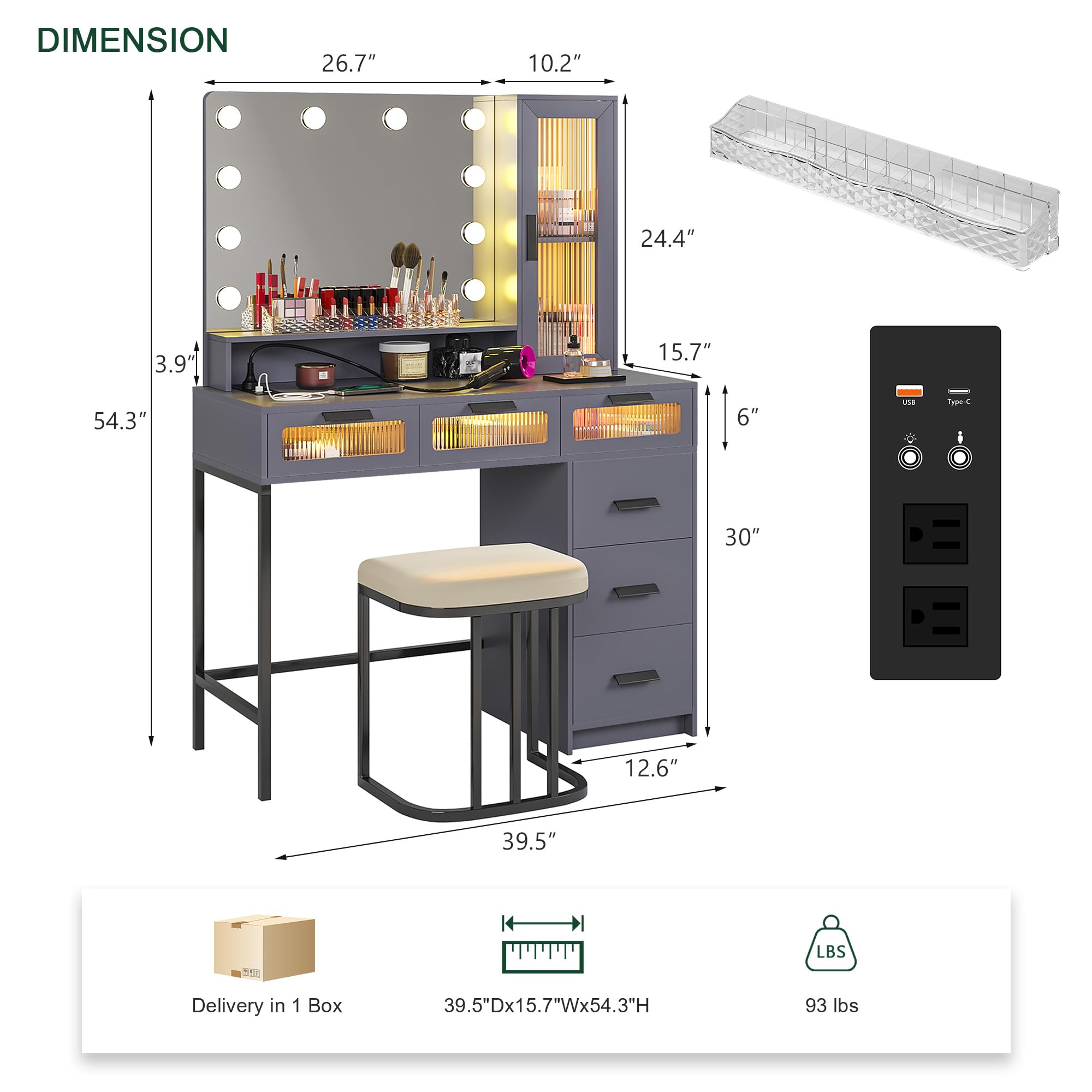 HNEBC Makeup Vanity with Lights, Vanity Makeup Desk with Charging Station,Vanity Table Set with LED Mirror, Vanitys with 6 Drawers/Stool, with Senser Mode Dressing Table, Grey