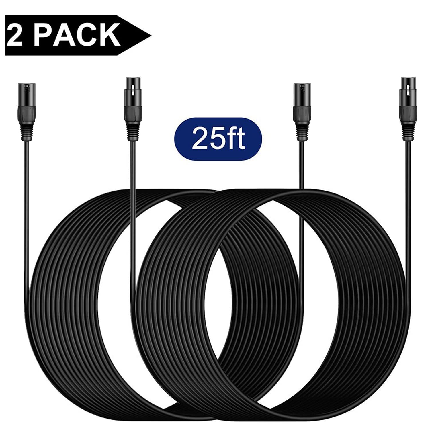 J&D XLR Cable (2 Pack), XLR Male to Female Microphone Cable, 25 Feet