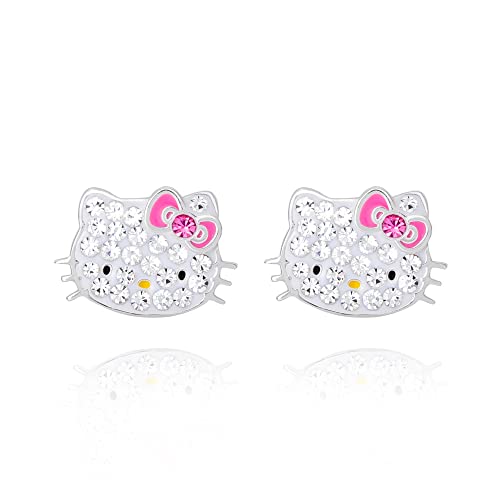 Hello Kitty Sanrio Womens Sterling Silver Clear Crystal Stud Earrings - Officially Licensed Earrings