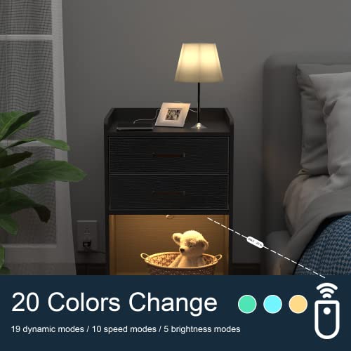 TOLEAD Nightstand with Charging Station and LED Lights, Modern End Side Table Bedside Table with 2 Drawers, Nightstand Storage Cabinet for Bedroom, Black