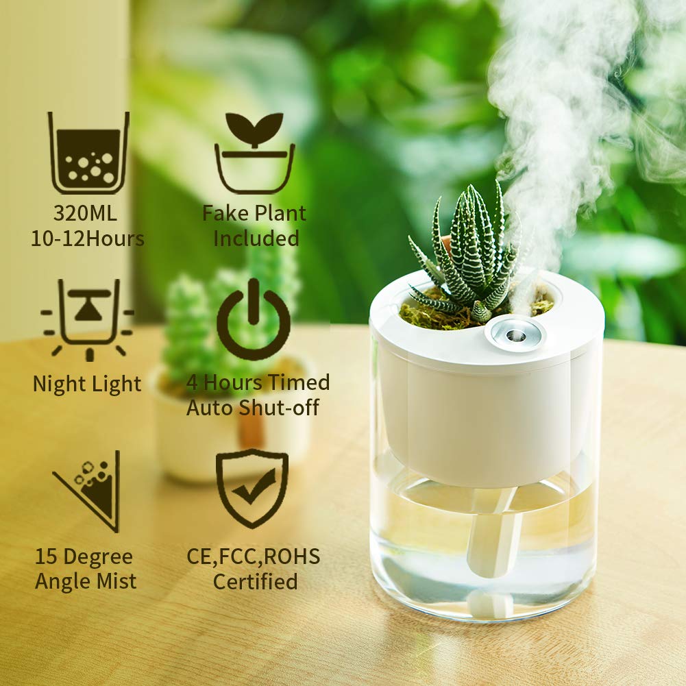 Humidifiers, DCMEKA Mini Small Humidifier for Bedroom, USB Cool Mist Humidifier for Plants, Personal Portable Humidifier with Night Light for baby, office, Whisper Quiet, 4H Timed Auto-off(White)