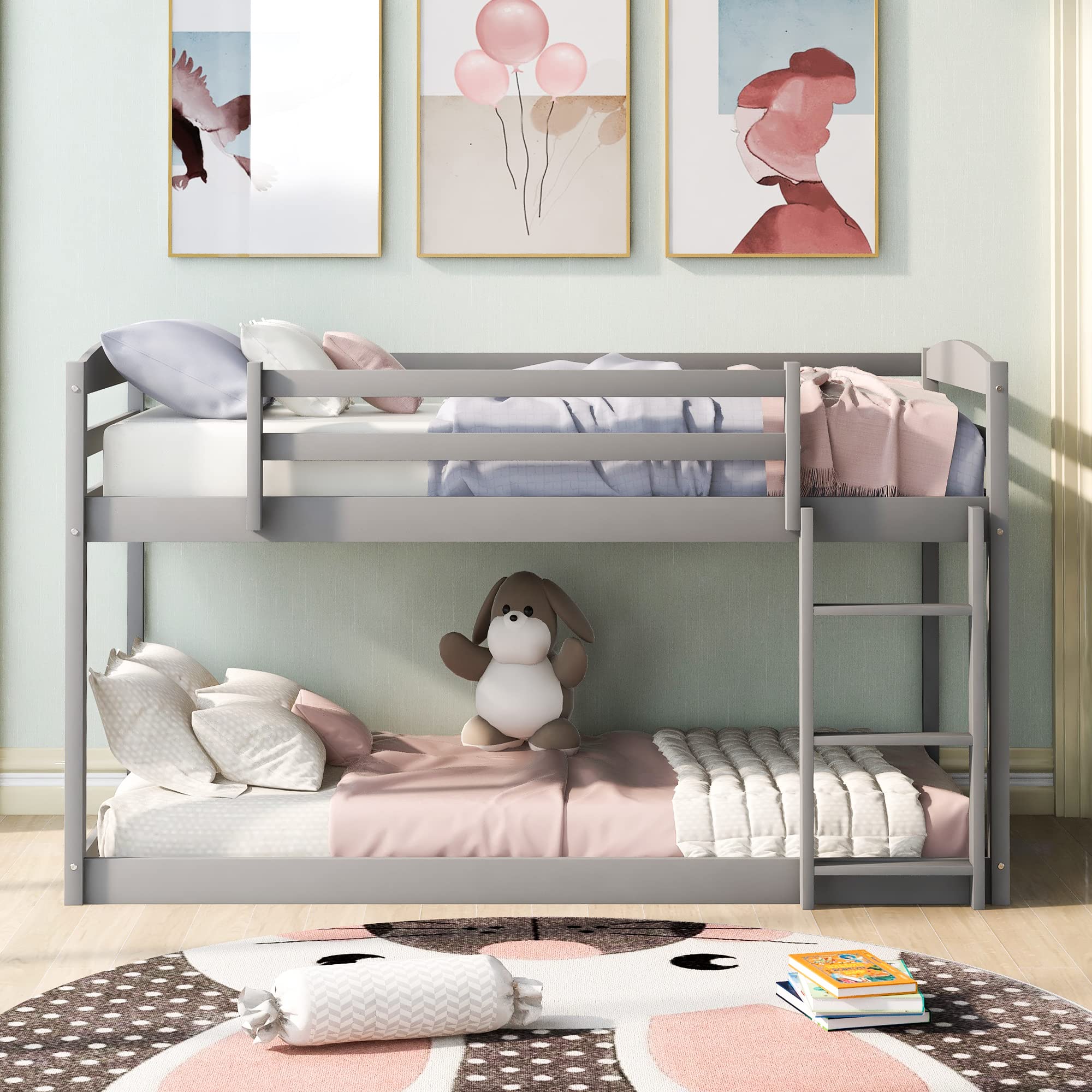 Harper & Bright Designs Low Bunk Bed Twin Over Twin, Wood Twin Bunk Bed Frame with Ladder and Guardrails, Kids Low Bunk Beds for Kids, Toddlers, Teens No Box Spring Needed (Gray)