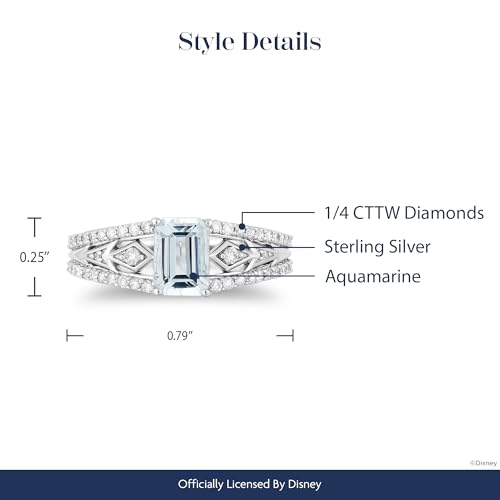 Jewelili Enchanted Disney Fine Jewelry Sterling Silver with 1/4 cttw Diamond and Aquamarine Elsa Ring, Size 7