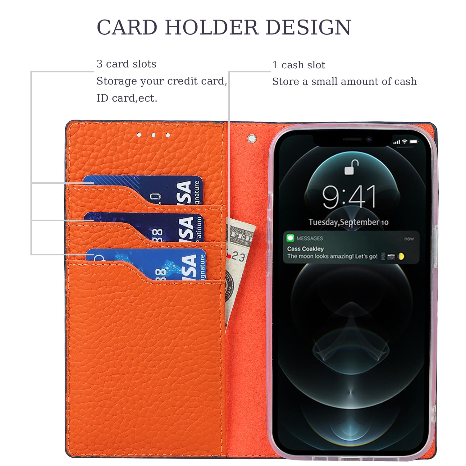 Havaya for iPhone 15 Pro Max leather case iPhone 15 Pro Max wallet case with Card Holder Flip Folio Genuine Leather cover with credit card slots for men and women-Deep blue Phone Case