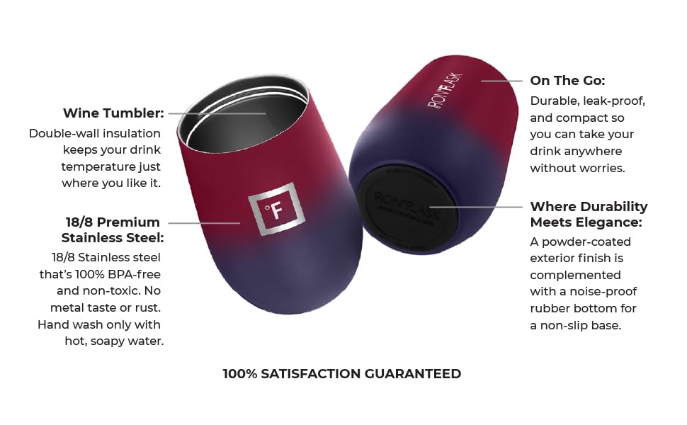 IRON °FLASK Insulated Wine Tumbler with Lid, w/Leak-Proof Lid - Keeps Drinks Hot & Cold w/Double Walled, Vacuum Stainless Steel Exterior - Travel Cup - Dark Rainbow, 14 Oz