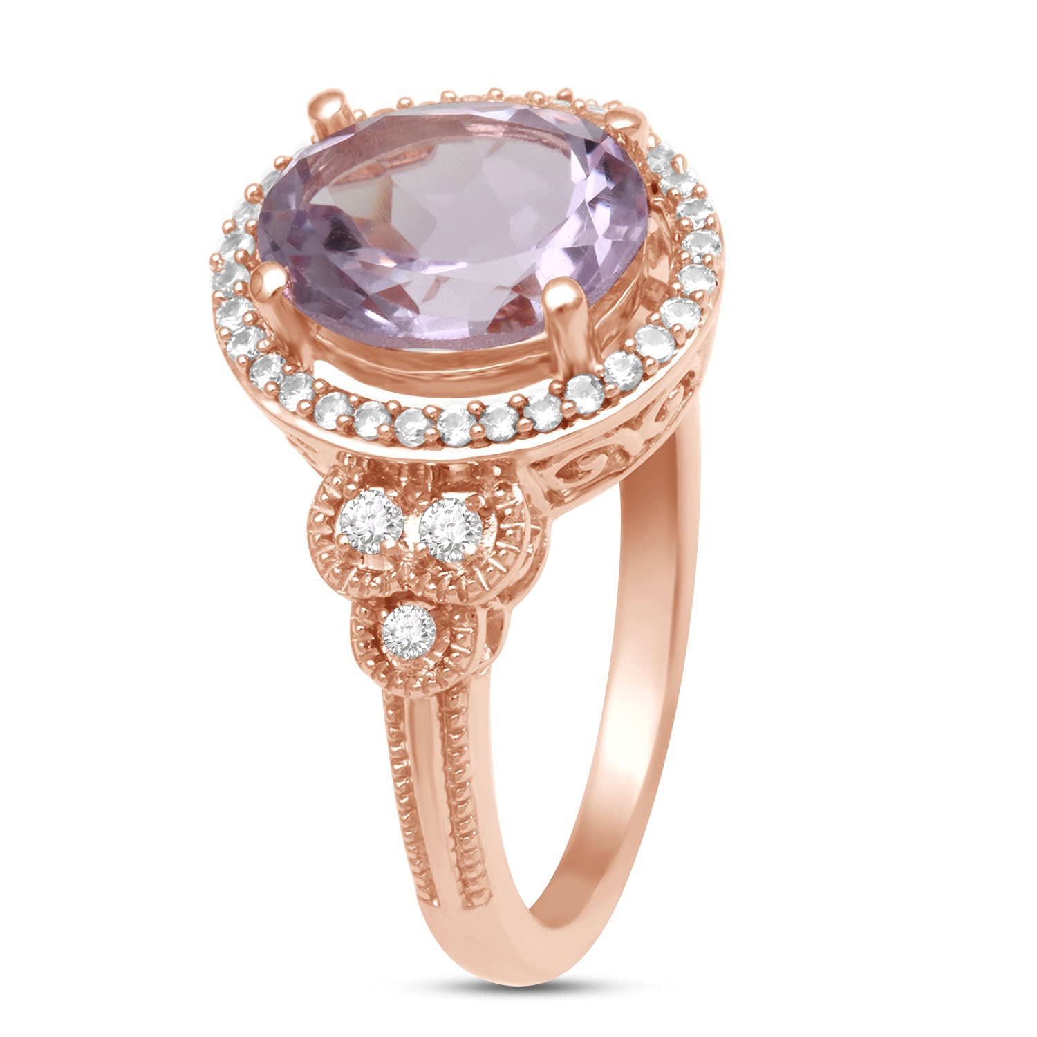Jewelili 10K Rose Gold with 10x8 MM Oval Shape Rose De France and Created White Sapphire Halo Ring, Size 7