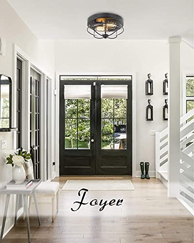 HWH INVESTMENT Flush Mount Ceiling Light Fixtures, 12 inch 2-Light Farmhouse Close to Ceiling Light Fixture with Seeded Glass Shade, Sand Black Finish, 5HTJ7-F BK