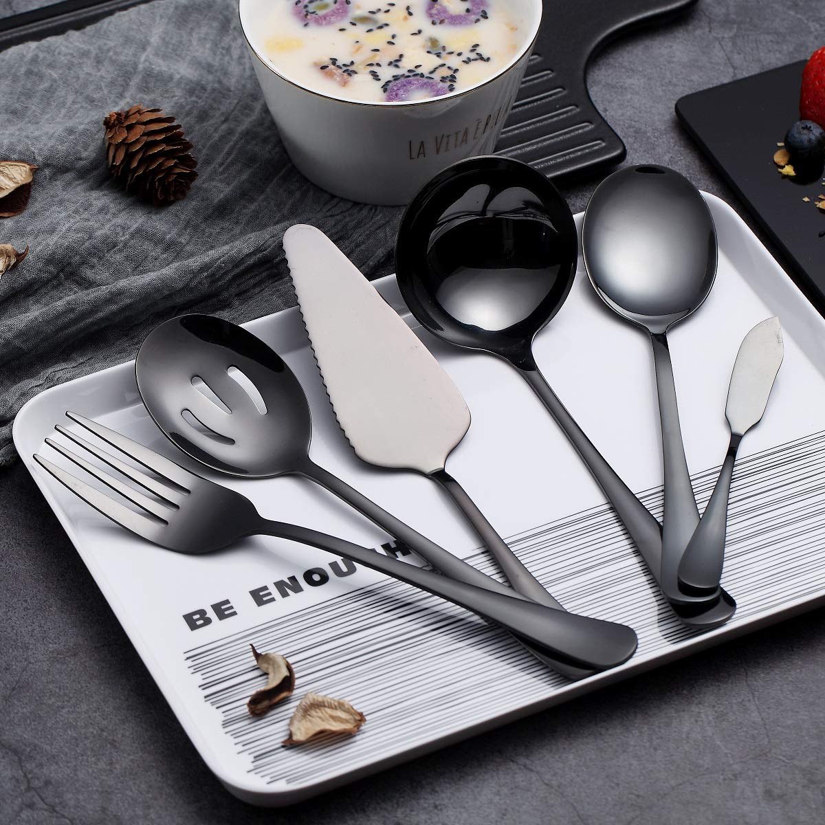 HOMQUEN 6-Piece Black Serving Flatware Silverware Set,Stainless Steel Serving Utensil Set,Include Cake Server, Slotted Serving Spoon, Serving Spoon, Cold Meat Fork, Butter Knife, Soup Ladle