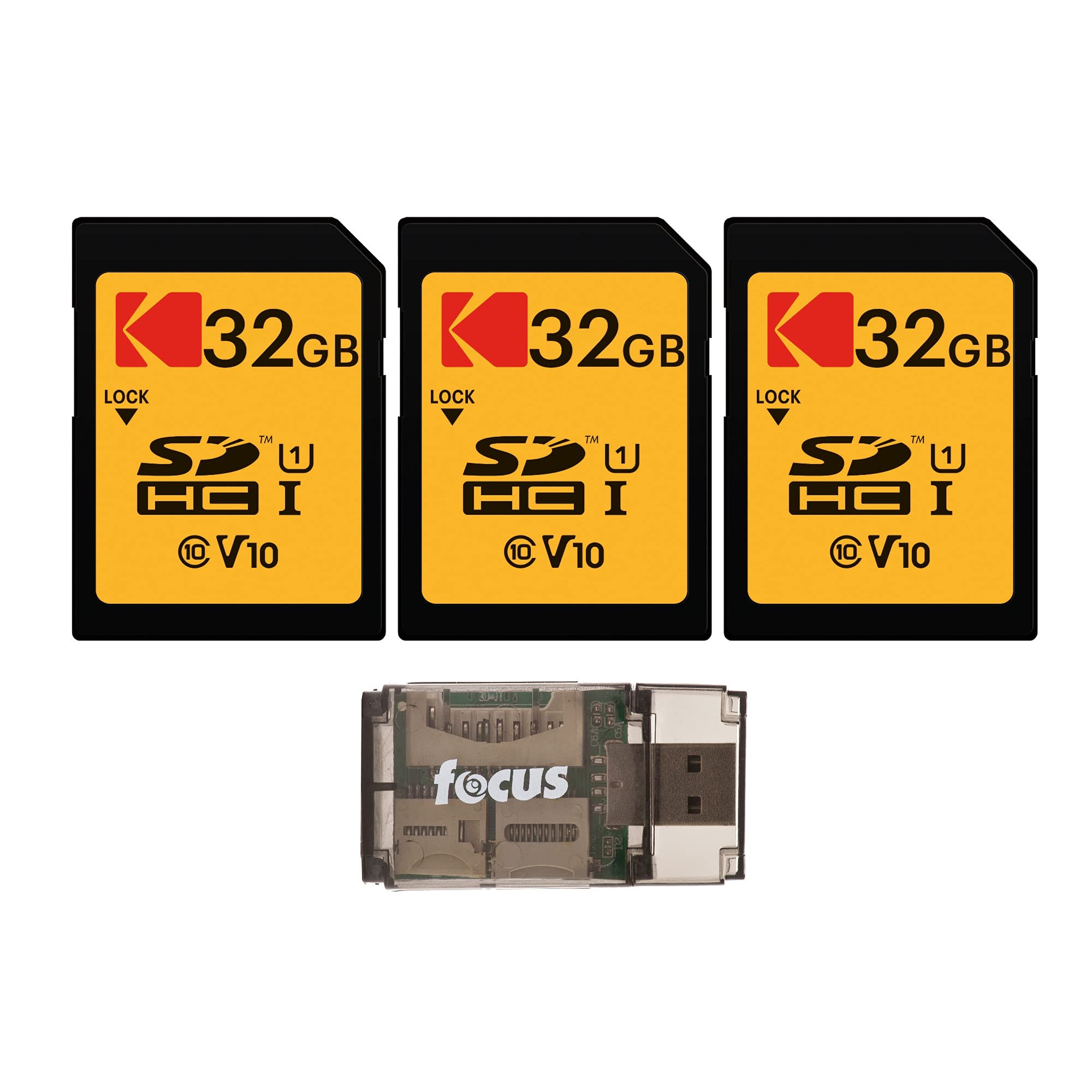 Kodak 32GB Class 10 UHS-I U1 SDHC Memory Card (3-Pack) Bundle with All-in-One USB Card Reader (4 Items)