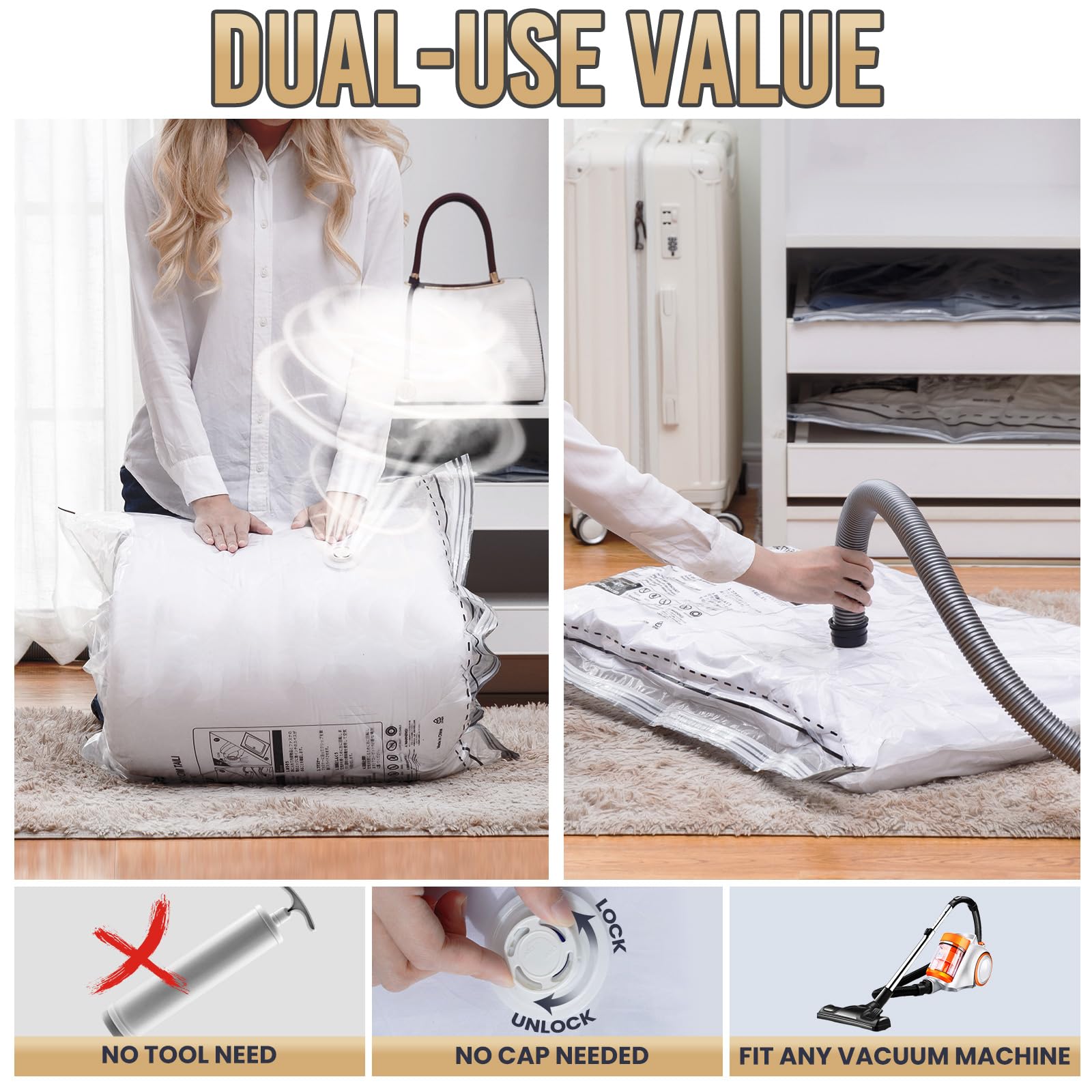 TAILI Long Side Zip - 8 Extra Large Vacuum Storage Bags for Bedding for Towels, Blankets, Pillows or Clothes-Space Saver Vacuum Seal Bags for Clothing Ideal Under Bed Storage Solution