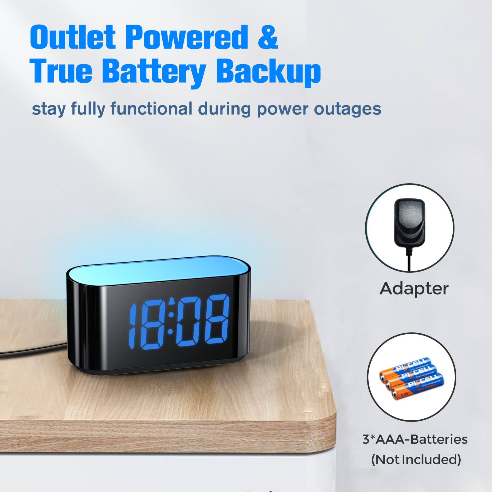 HOUSBAY Digital Alarm Clock for Bedrooms - Large Display Easy to Read Across The Room, 7 Larger Color Night Light, Dual Alarm, Dimmer, True Battery Backup, Adjustable Volume(Blue)