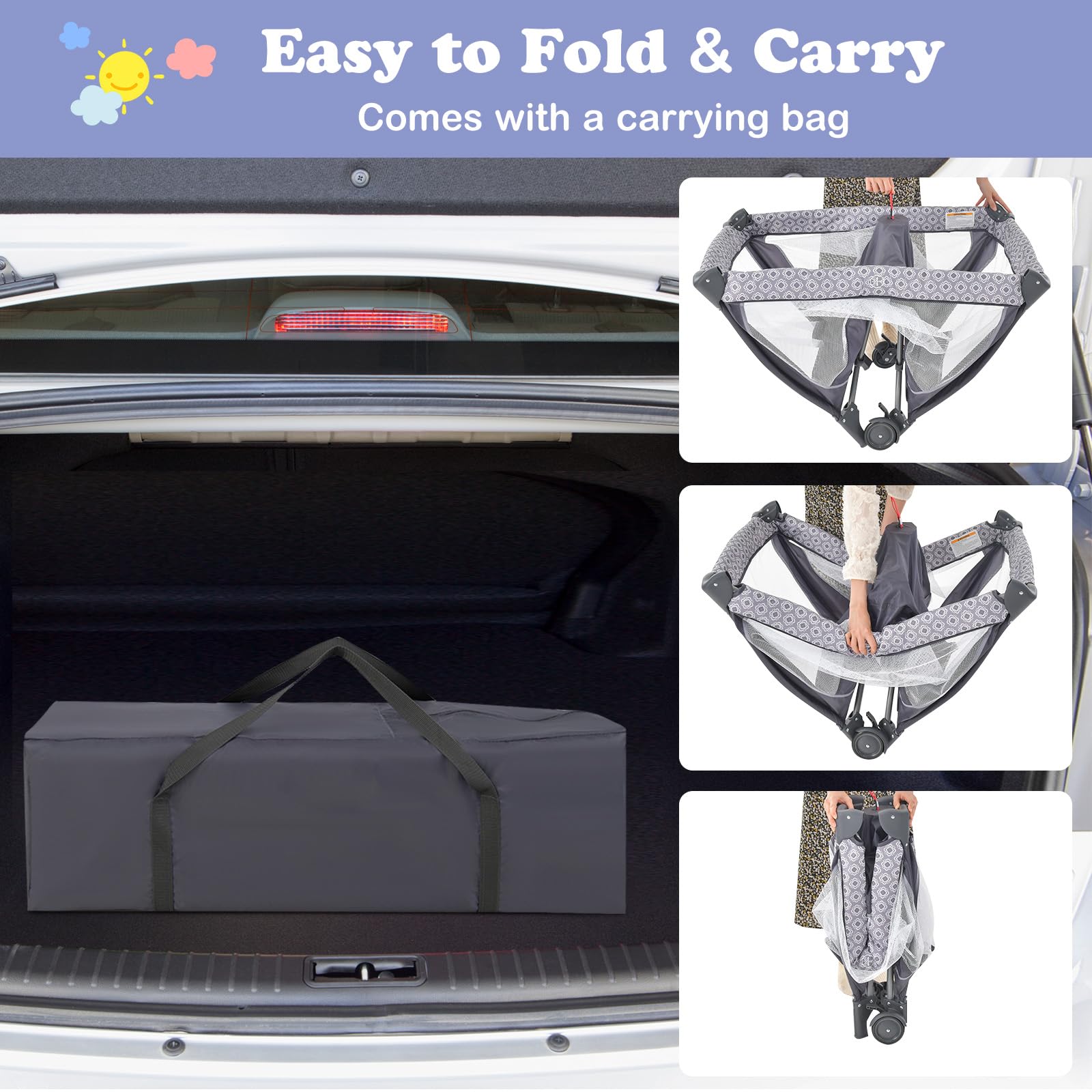 INFANS 3 in 1 Pack and Play, Portable Travel Baby Crib Bassinet with Detachable Mattress, Newborn Changing Table, Foldable Playpen with Carry Bag and 2 Wheels (Classic)