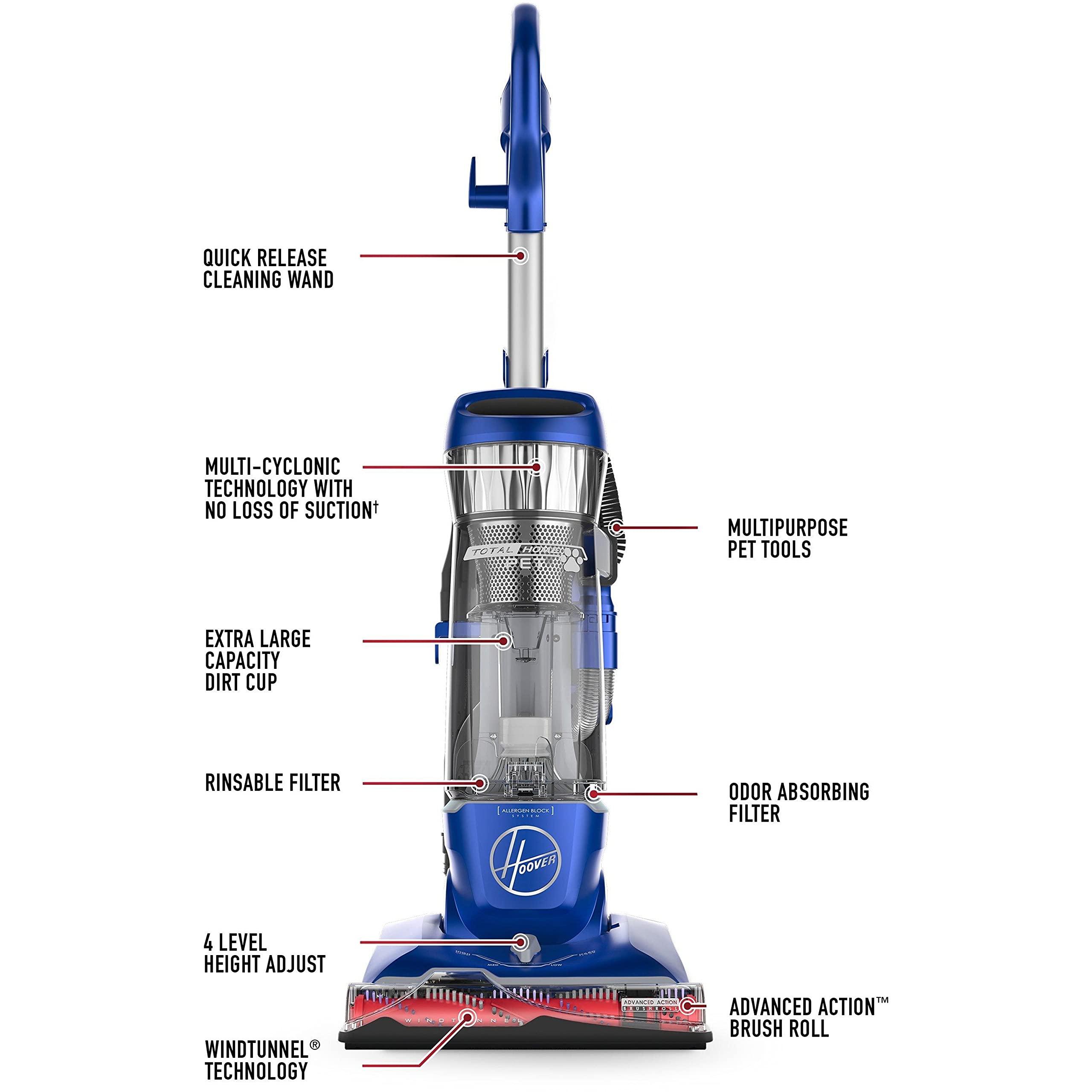 Hoover Total Home Pet Upright Vacuum Cleaner, 44.5"x14"x13", Blue, Clear