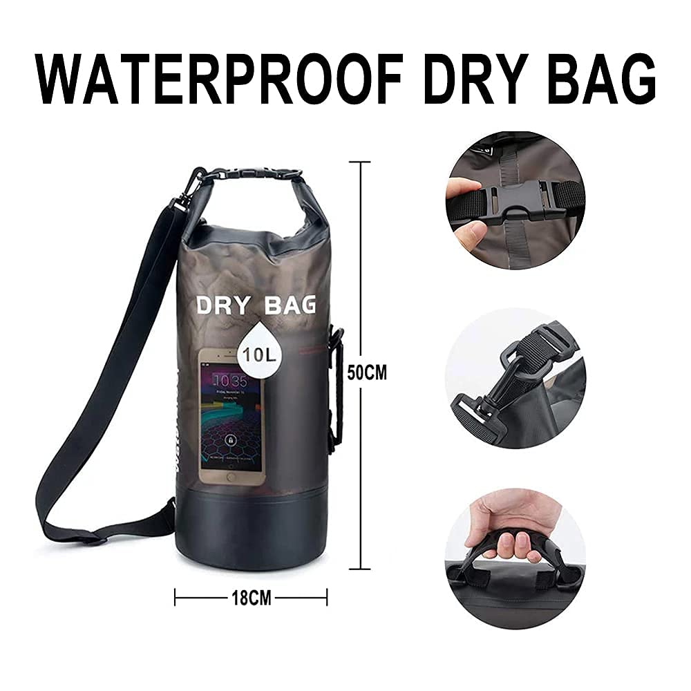 JSL HOME Waterproof Backpack Dry Bags Translucent Perfect for Boating Kayaking Hiking Canoeing Fishing Swimming Camping Snowboarding Adjustable Shoulder Strap (Black, 10L)