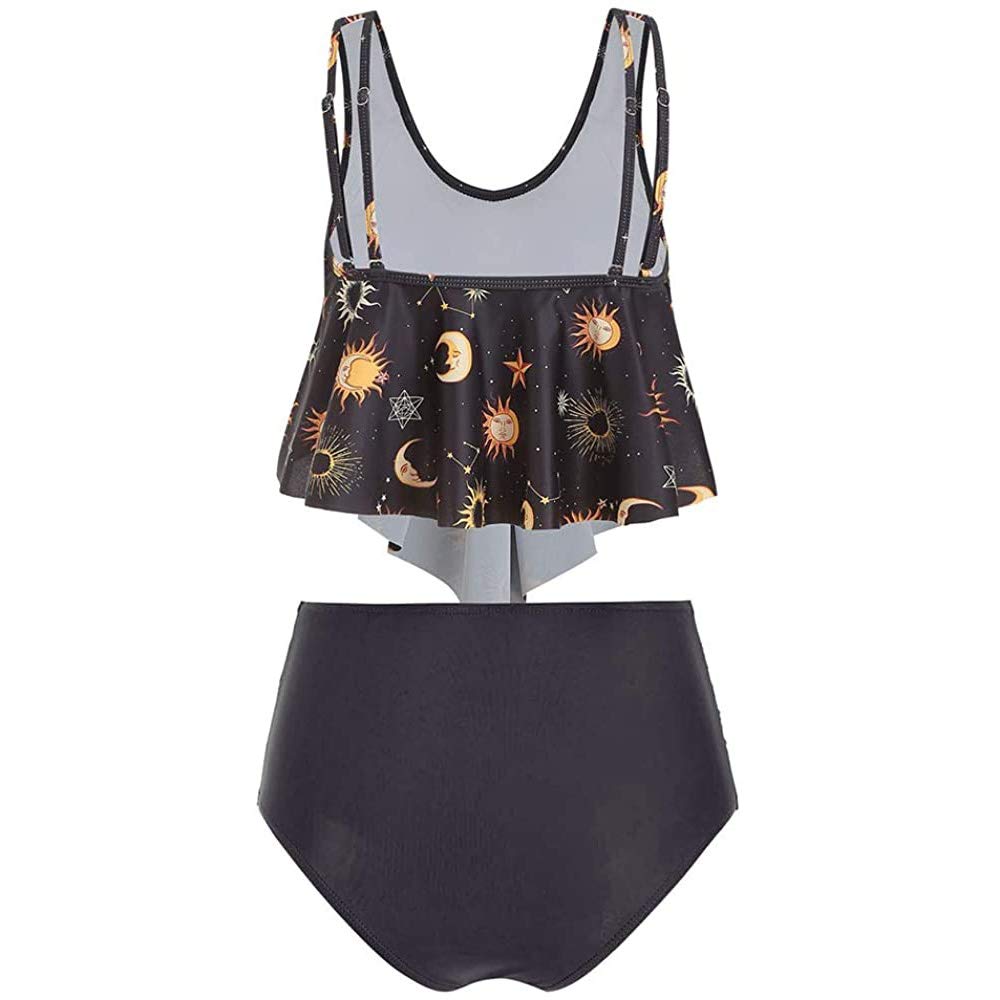 JHDESSLY Women's Bathing Suit Sun Stars Moon Flounce High Waisted Tankini Swimsuit Yellow