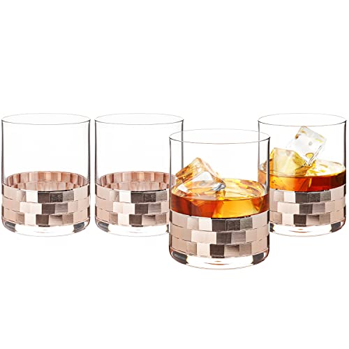MyGift Whiskey Glasses Set of 4, Cocktail Mixed Drink Beverage Tumbler Drinkware with Copper Plating Bottom Rim
