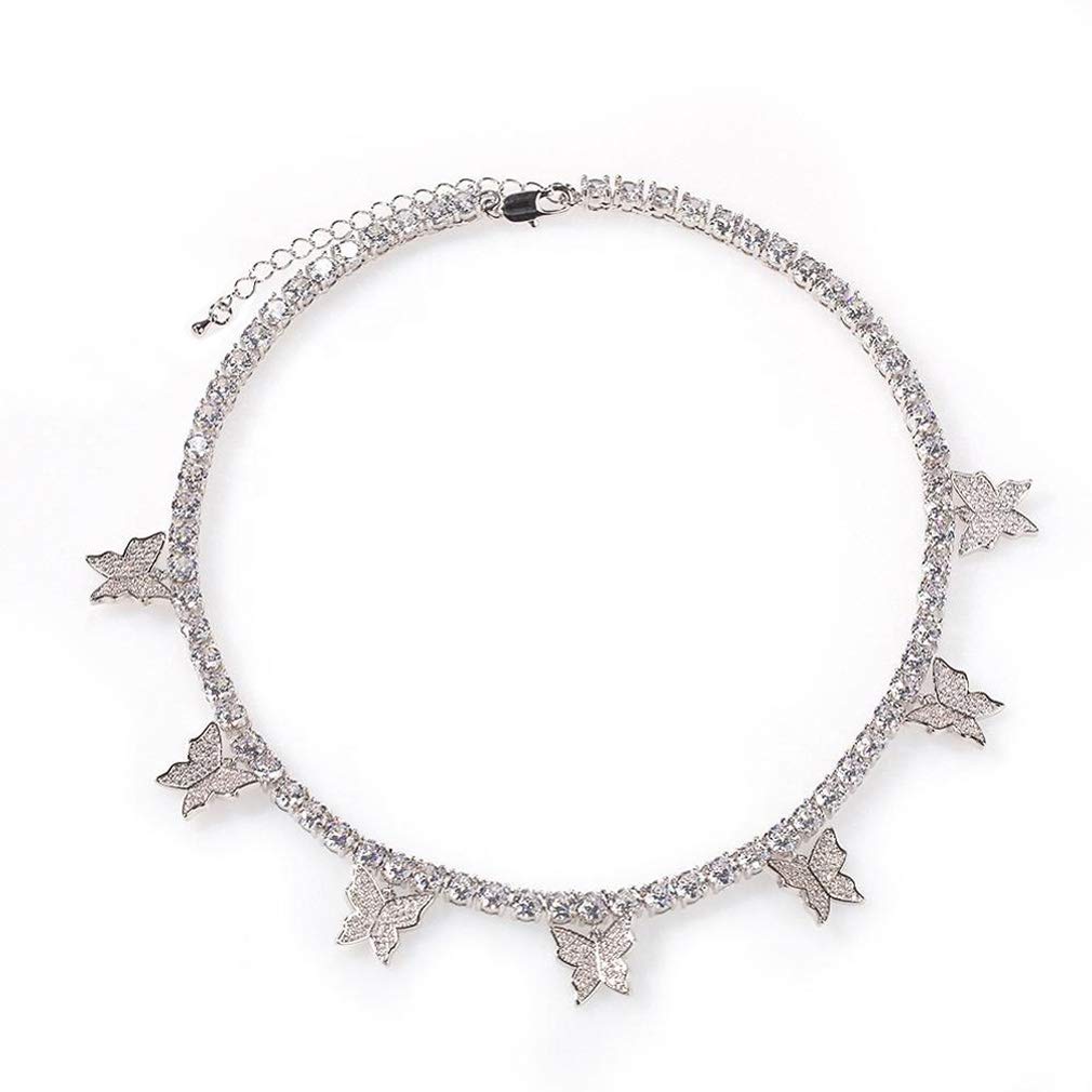 Jacruces Butterfly Necklace Tennis Chain Butterfly Choker Bling Iced CZ Butterfly Necklace Silver Women (16, 3mm-Silver)