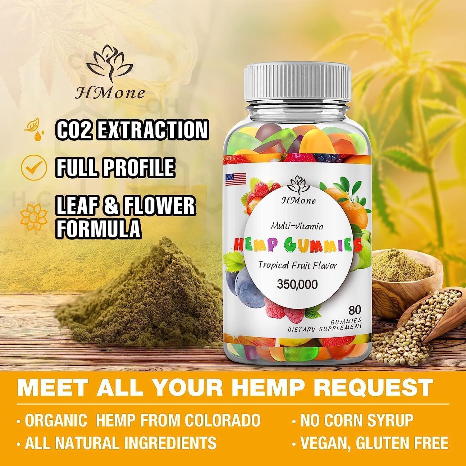 Hemp Gummies High Potency Organic Extra Strength Made with Hemp Oil Vegan Edible Bear Candy, Non-GMO, Low Sugar, Made in USA - 2 Packs(Crabapple)