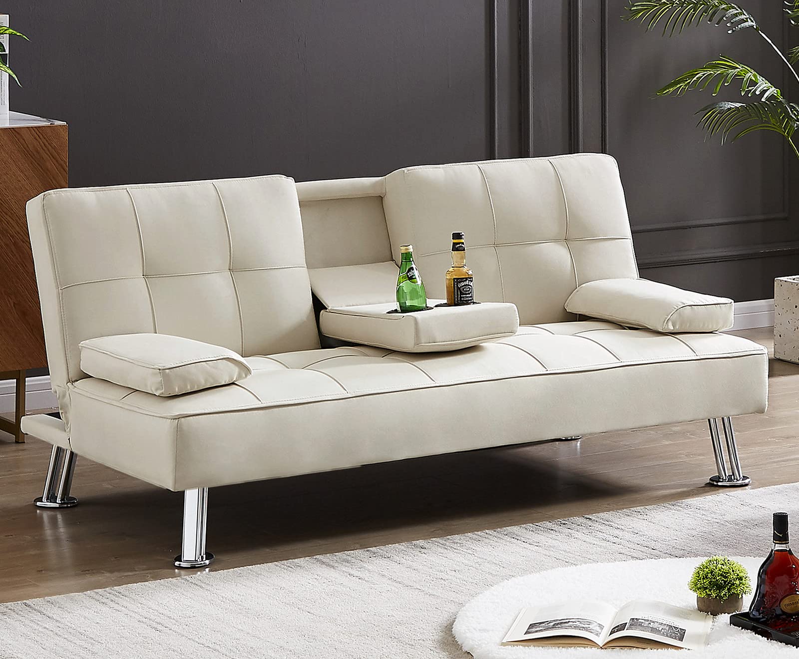 hansones Futon Sofa Bed Modern Linen Fabric Couch Bed Loveseat Convertible Daybed with 2 Cup Holders and Removable Armrests for for Compact Living Space Apartment Dorm Office (Beige)