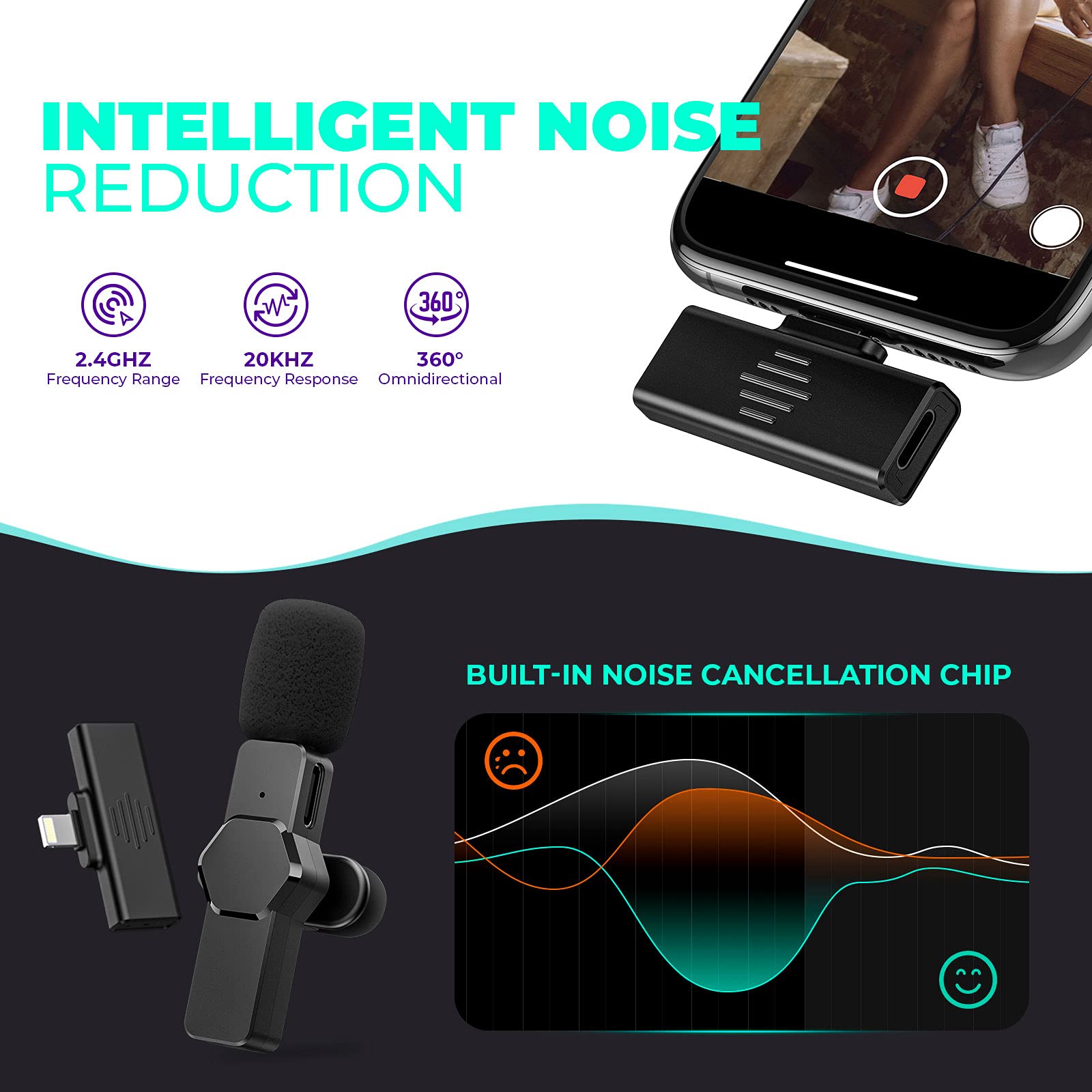 JSSEVN Wireless Lavalier Microphone Compatible with iPhone iPad, Plug-Play Wireless Mic for Recording, YouTube, TikTok, Facebook Live Stream, Noise Reduction Auto-Sync (NO APP or Bluetooth Needed)