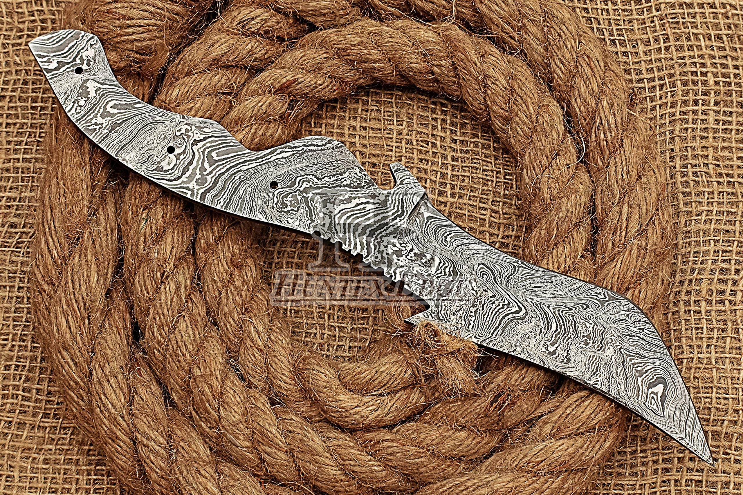 HUNTEX Custom Handmade Hand-Forged Twist Pattern Damascus Steel 10.5 Inch Long Full Tang Razor Sharp Camping Hunting DIY Blank Blade Gut Hook Knife for Knife Making