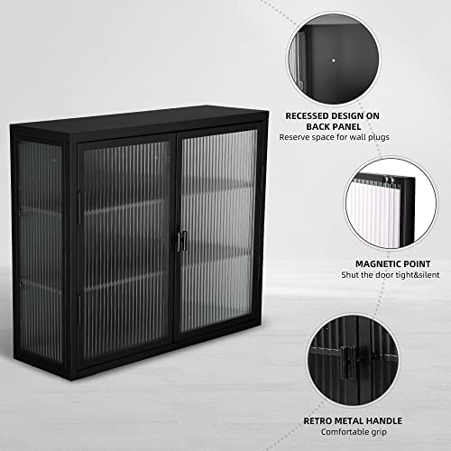 HomSof Haze Double Glass Door Wall Cabinet with Detachable Shelves for Office, Dining Room,Living Room, Kitchen and Bathroom, Black