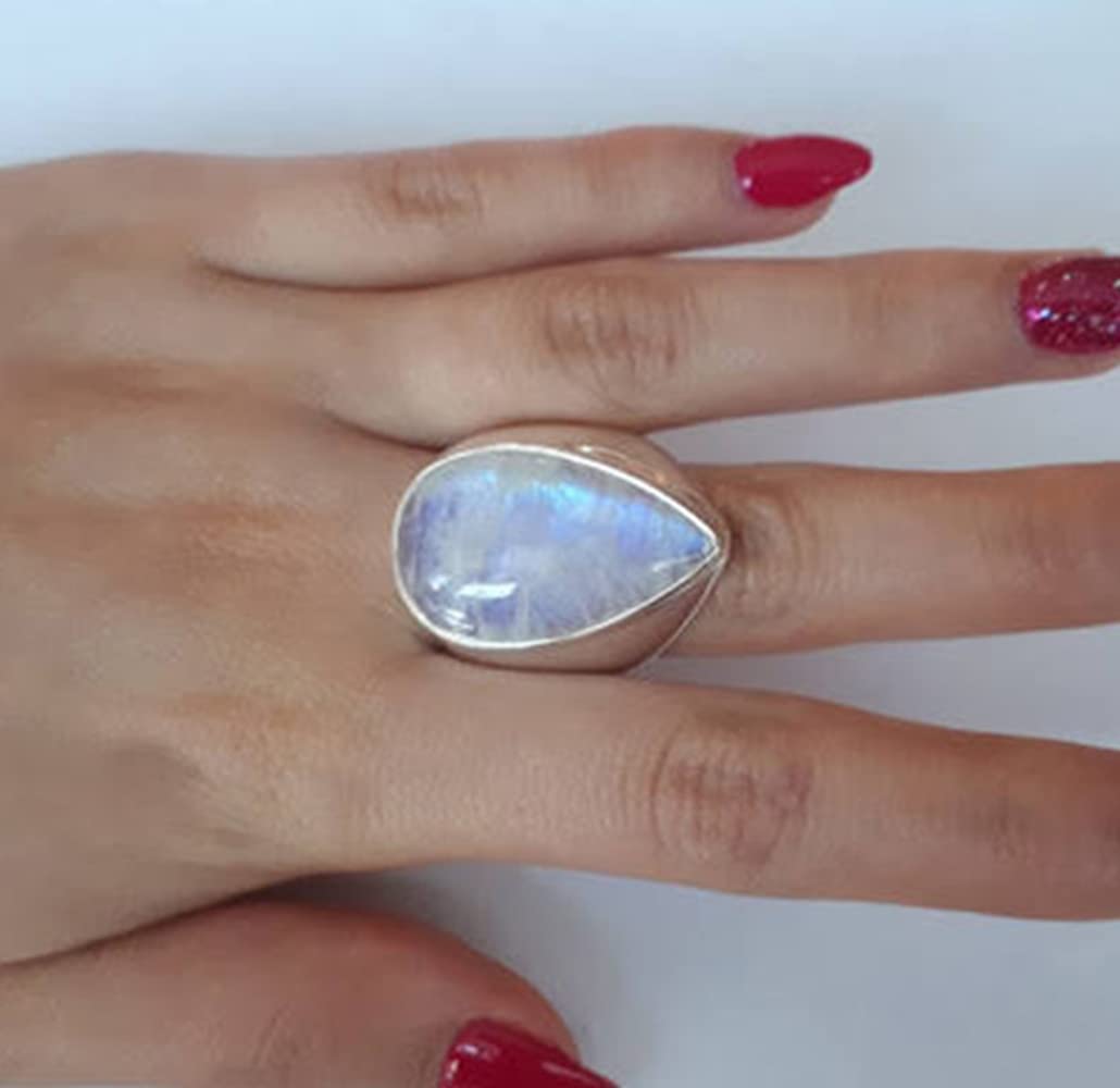Koguxuix 925 Sterling Silver Perfect Pear Cut Moonstone Teardrop Gemstone Wedding Ring Band Size 6-10 (8)