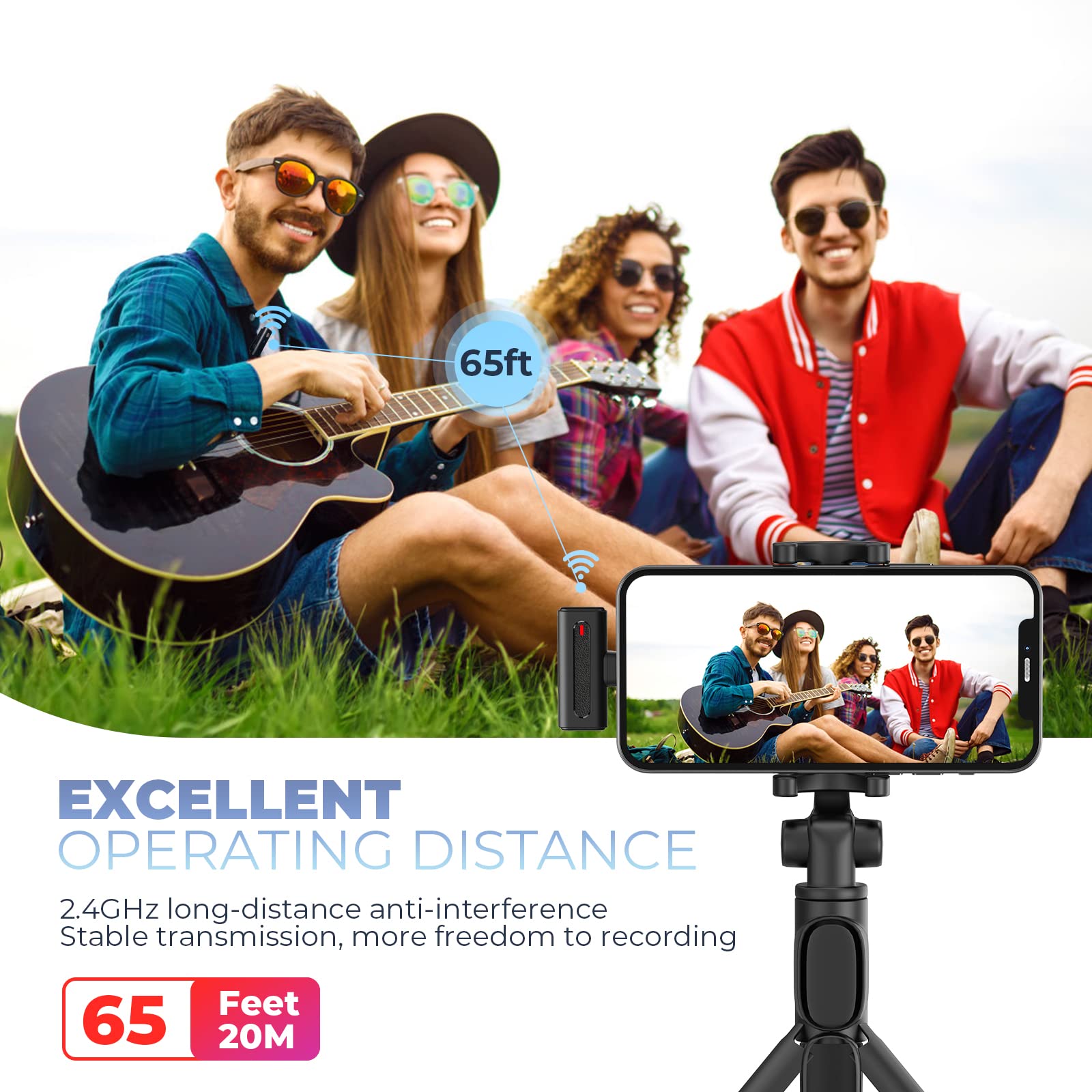 JSSEVN Wireless Lavalier Microphone, Plug-Play Wireless Mic Compatible with iPhone iPad, Auto Sync Noise Reduction Mic for Recording, YouTube, Facebook Live Stream, NO APP or Bluetooth Needed