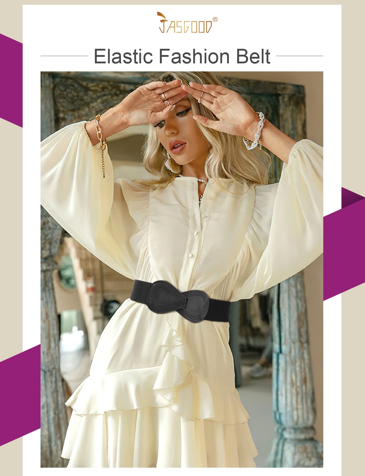 JASGOOD Women Stretchy Belt for Dresses Vintage Elastic Wide Waist Belt, D-Black+White+Brown
