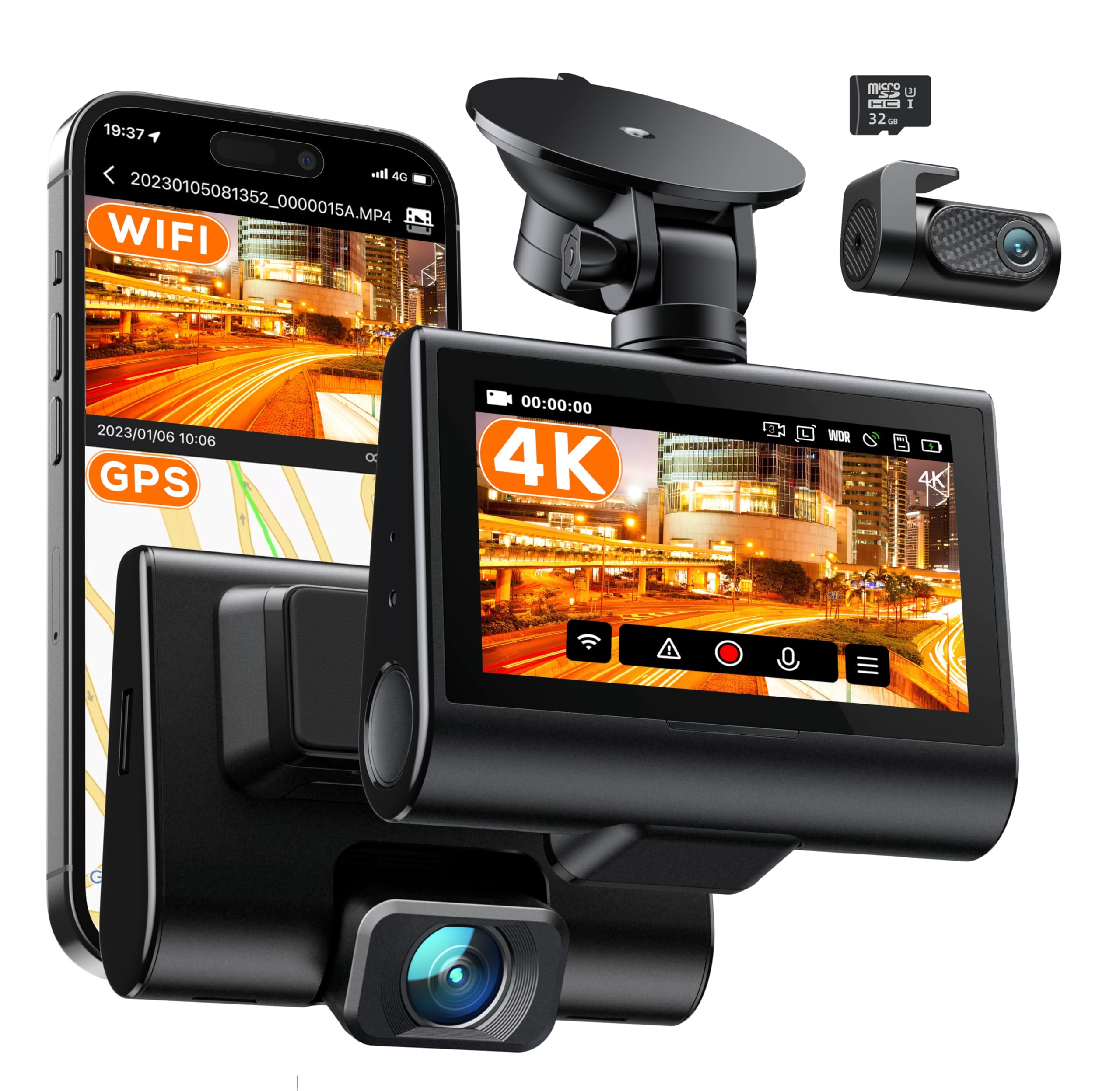 iZEEKER 4K Dash Cam Front and Rear with Wi-Fi, GPS, Dual Dash Camera for Cars with 32GB Card, 3'' IPS Touchscreen, WDR, Night Vision, Parking Mode, 2 Mounting Options