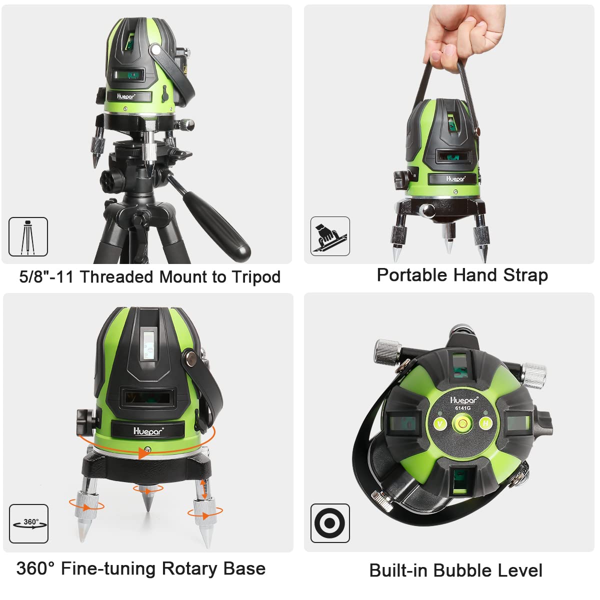 Huepar Green Beam Multi - Line Laser Level -Four Vertical and One Horizontal Lines with Down Plumb Dot -Alignment Self-leveling Laser Tool -360° Rotating Base, Hard Carrying Case Included 6141G