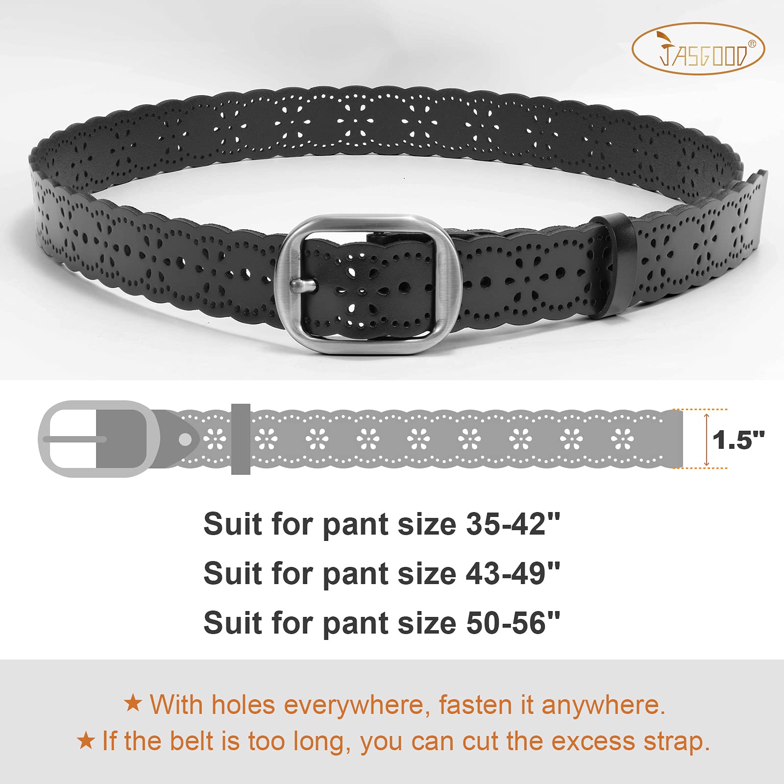 JASGOOD Women's Plus Size Belt, Hollow Flower Leather Belt for Jeans Pants Wide Belt with Metal Buckle