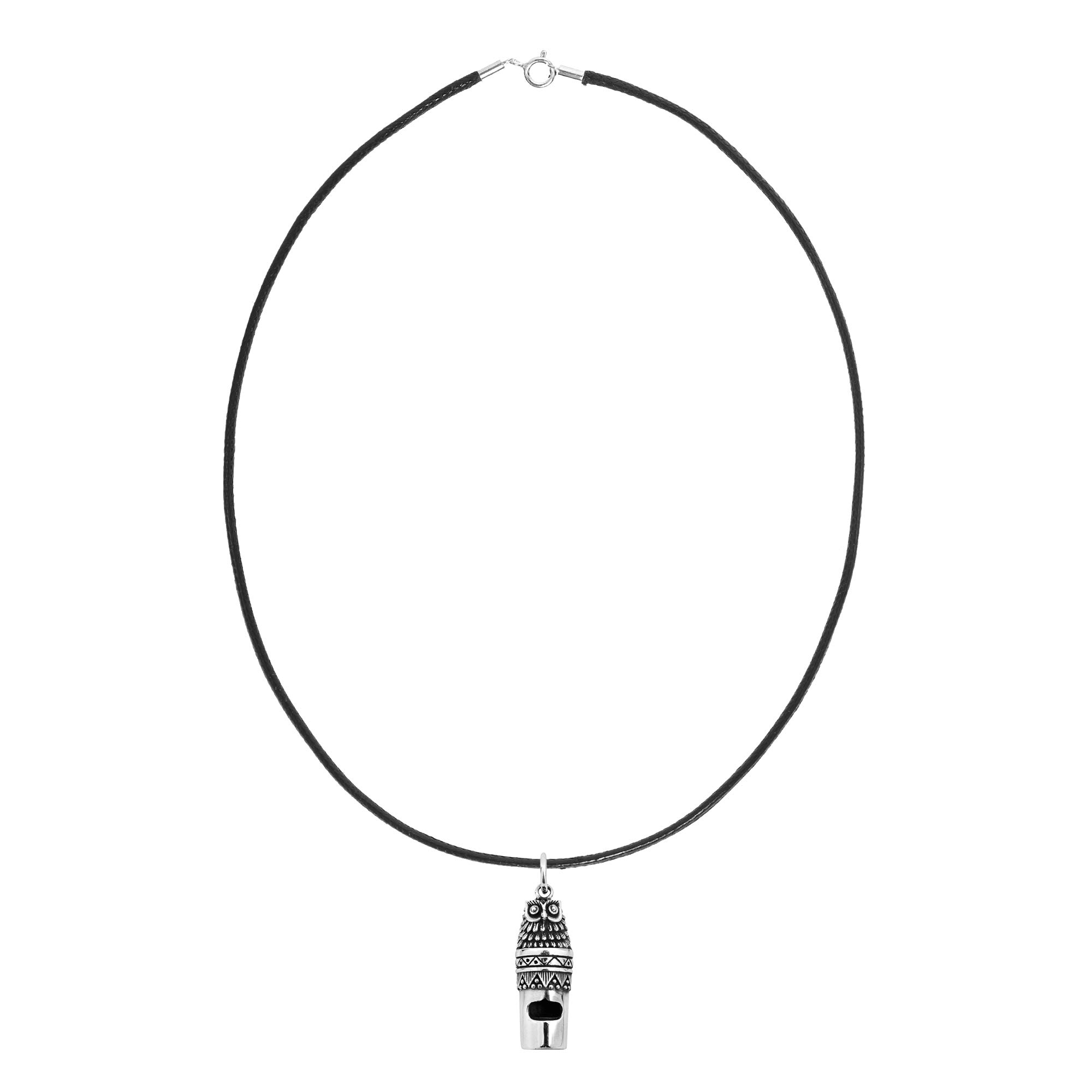Intricate Detailed 3D Owl Whistle .925 Sterling Silver Pendant Rubber Necklace