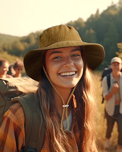 Wide Brim Bucket Sun Hat Packable Cotton Washed UPF 50 Beach Hat for Women Men with Strings Cowboy Outdoor Safari Boonie Cap Brown