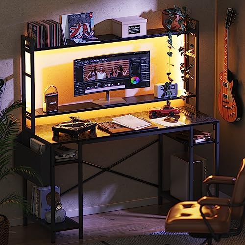Huuger 55 inch Computer Desk with Adjustable Shelves, Gaming Desk with LED Lights & Power Outlets, Home Office Desk with Monitor Stand, Hooks & CPU Stand, Black