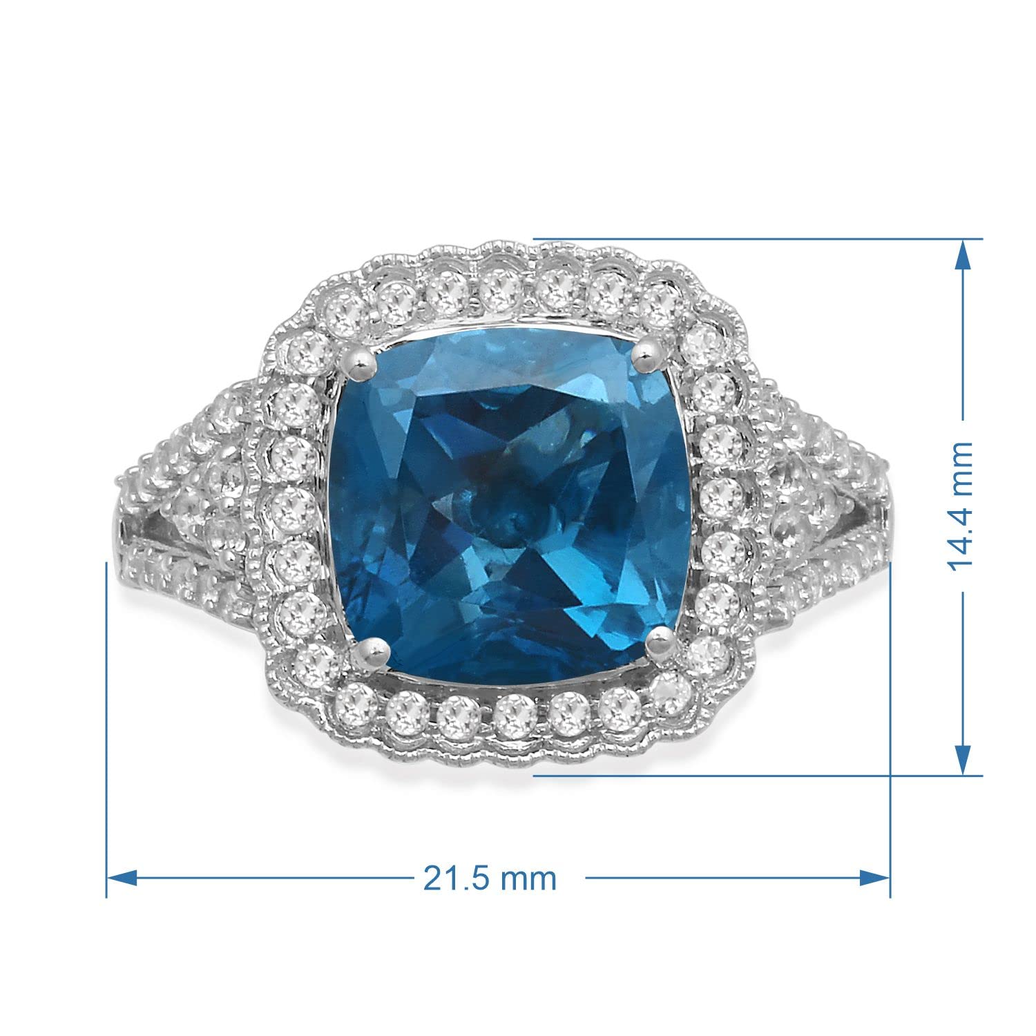 Jewelili Sterling Silver 10 MM Cushion Shape London Blue Topaz, Round White Topaz and 1.5 MM Round Emerald Stone on Both Side Halo Ring, Size 7