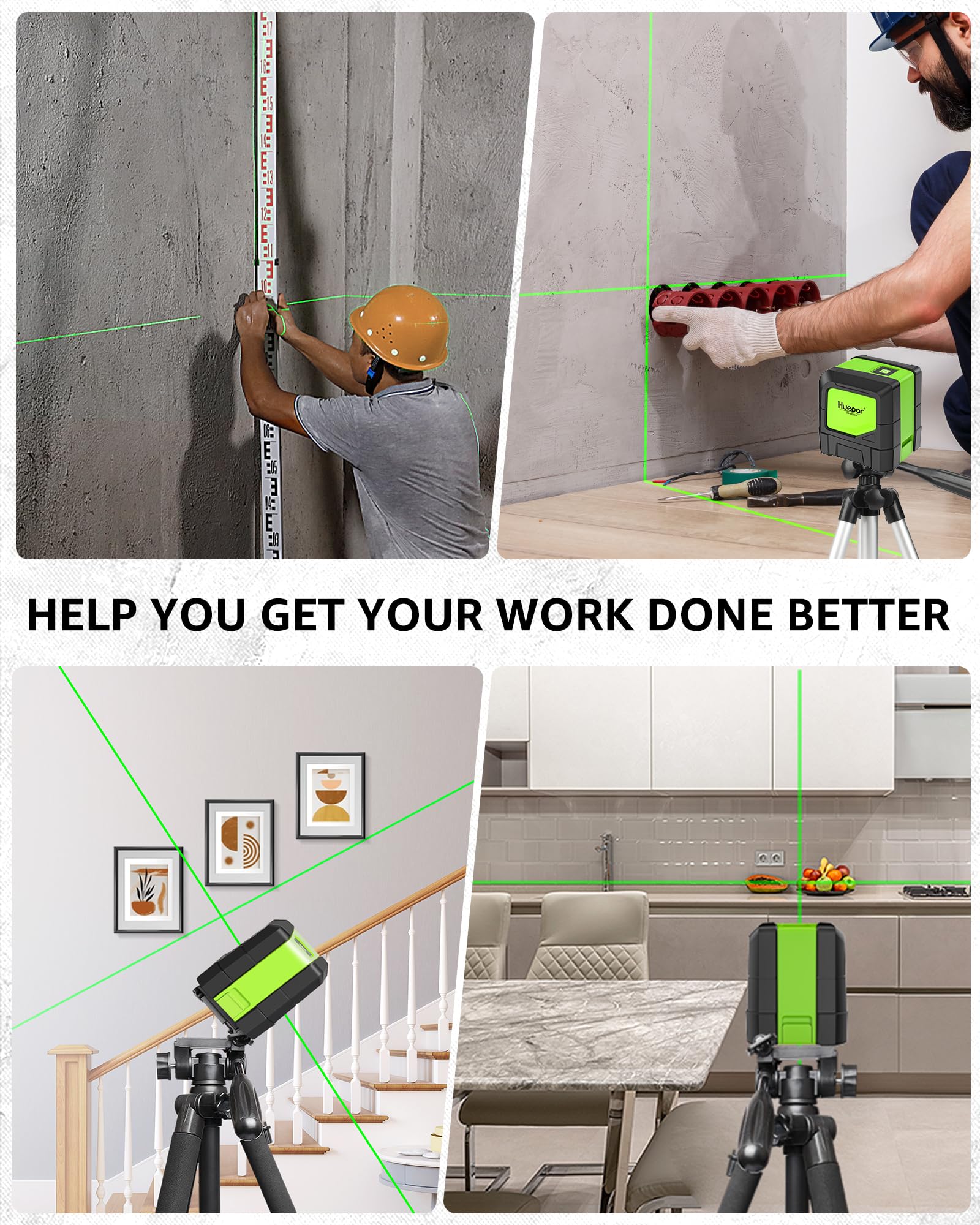 HUEPAR Laser Level Self-Leveling - 100 feet DIY Bright Green Cross Line Laser Leveler for Picture Hanging, Tile, Decoratio and Construction Indoor Project, 360° Magnetic Base & Battery Included