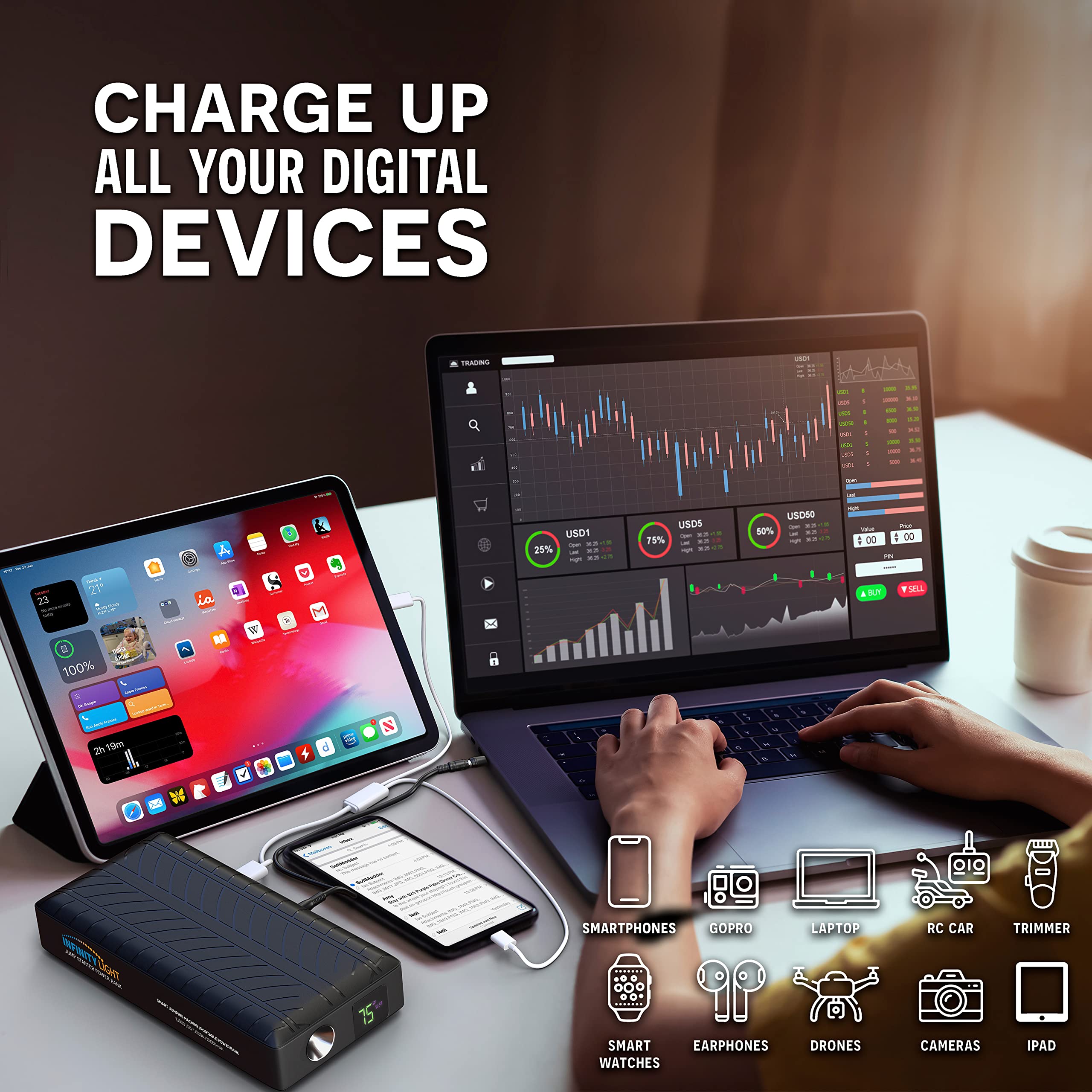 Infinity Light Jump Starter Battery Pack β 1000Amp 18,000mAh 12V Car Portable Battery Booster Pack Power Bank β 2 in 1 USB Charger with LCD Display, LED Light Emergency Warning Mode, 6L Gas/4L Diesel